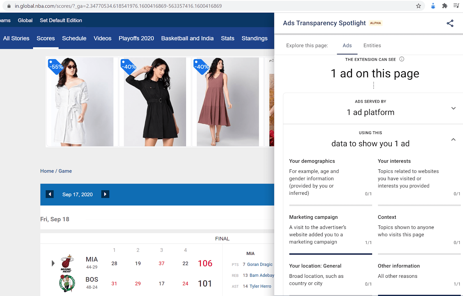 Ads Transparency Spotlight Extension on Google Chrome
